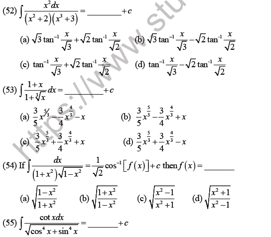 JEE Mathematics Indefinite Integrals MCQs Set C with Answers